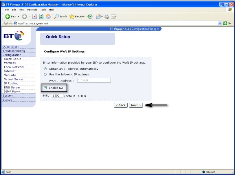 BT Voyager 2100 Router Configuration