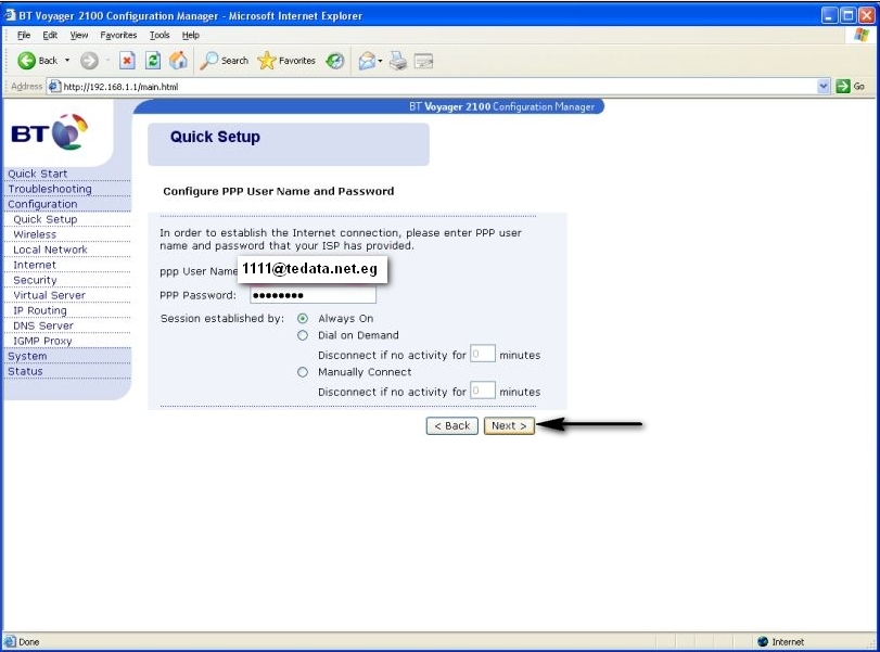 BT Voyager 2100 Router Configuration