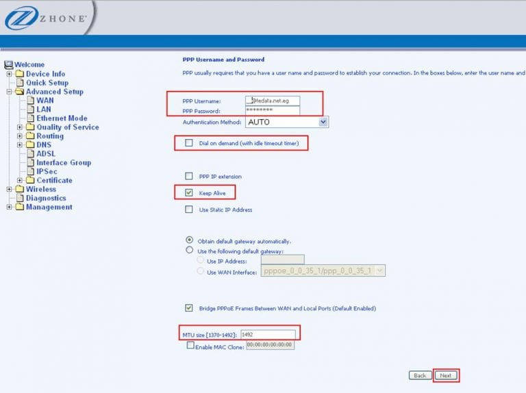 Zhone Router Configuration - تذكرة نت