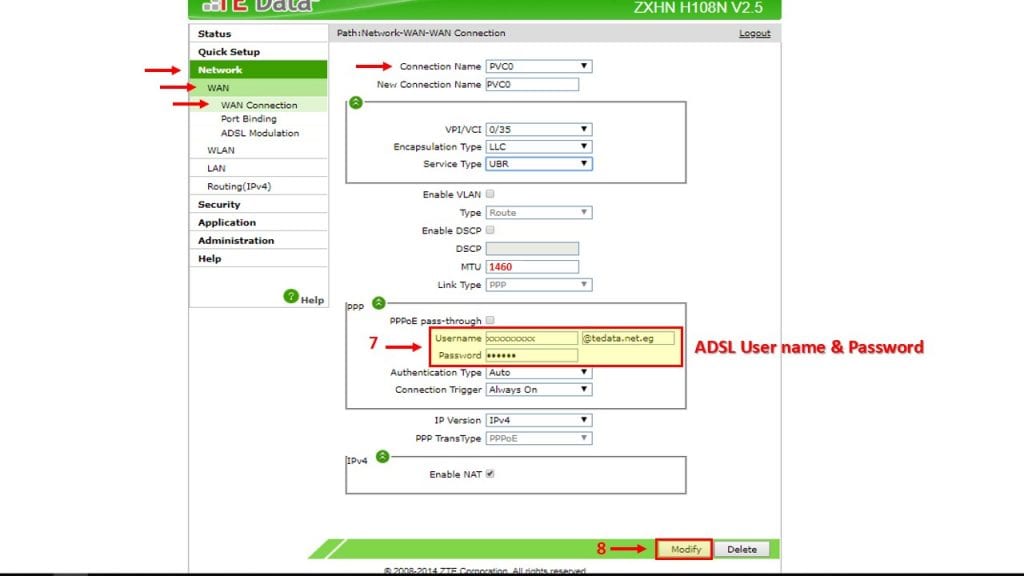 ADDING ADSL User Name & Password in ZXHN H108N - تذكرة نت